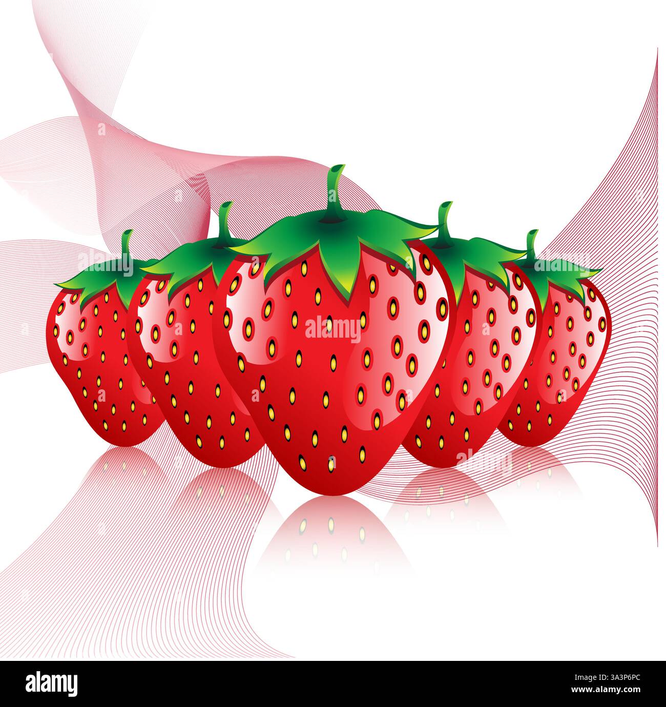 Set of five red strawberries pattern on bokah gradient on waves white ...