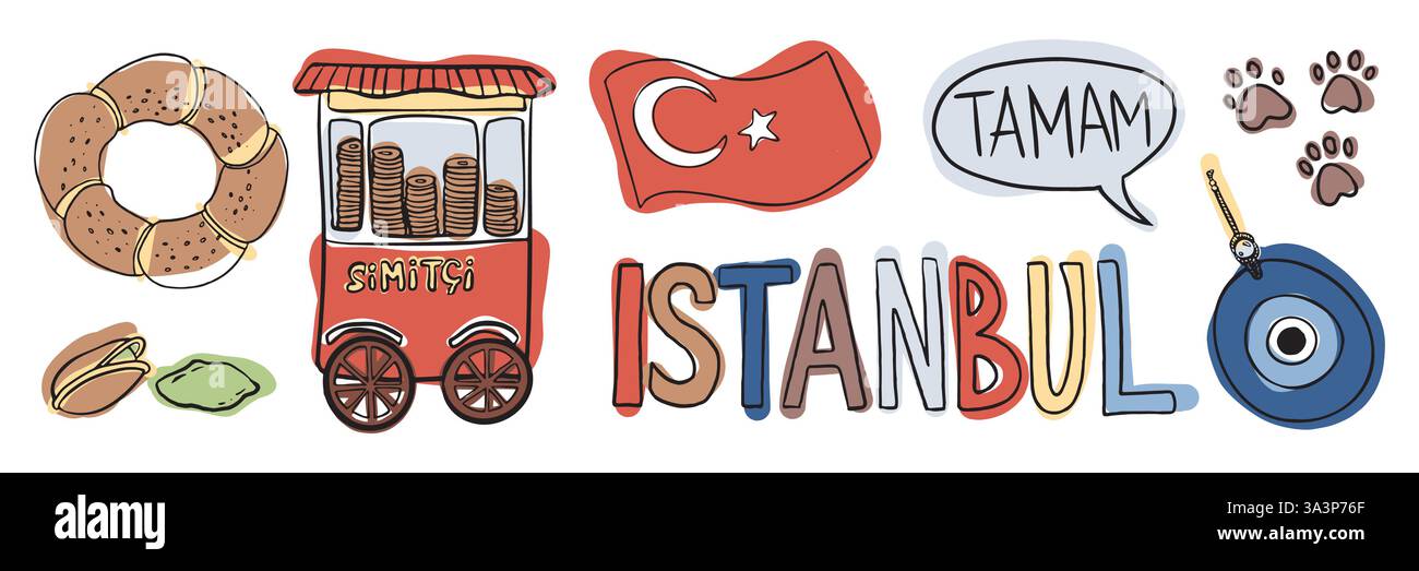 A collection of Istanbul icons, including a simit cart, Turkish flag ...