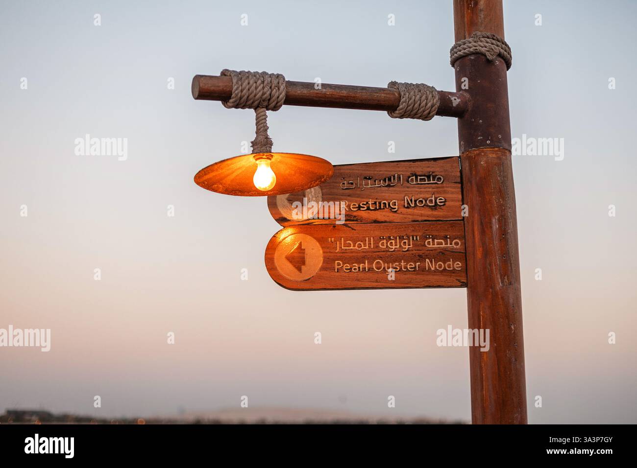 22 January 2025, Hudayriyat island, UAE: Wooden signpost featuring a ...