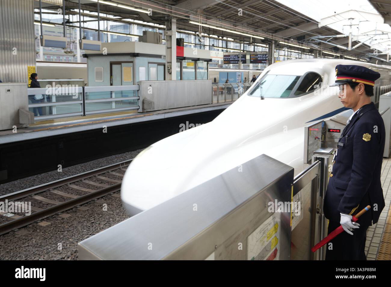Bullet train and conductor in uniform, Kyoto station, Japan, Asia Stock ...
