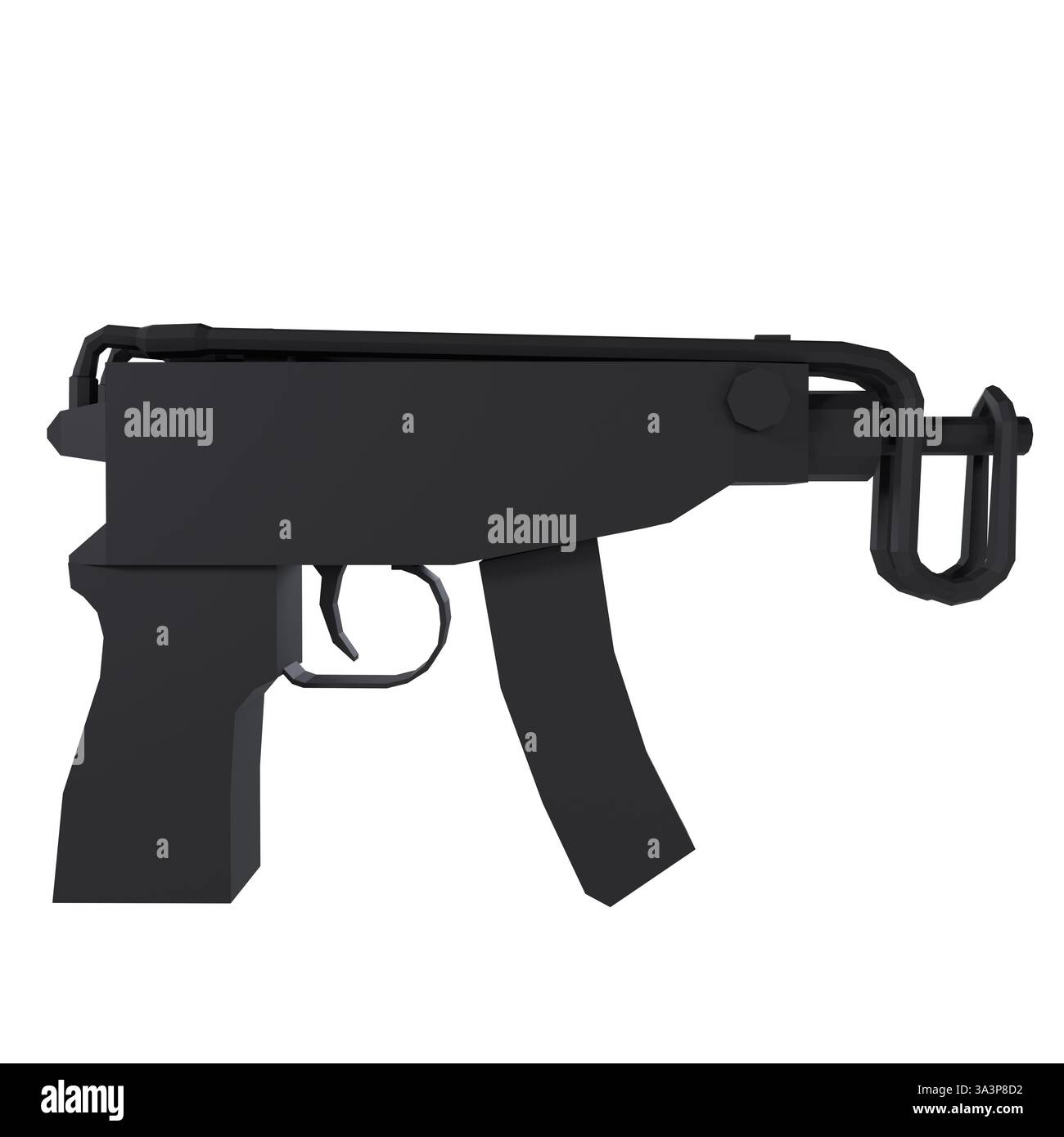 A black submachine gun presented in a side view against a white ...