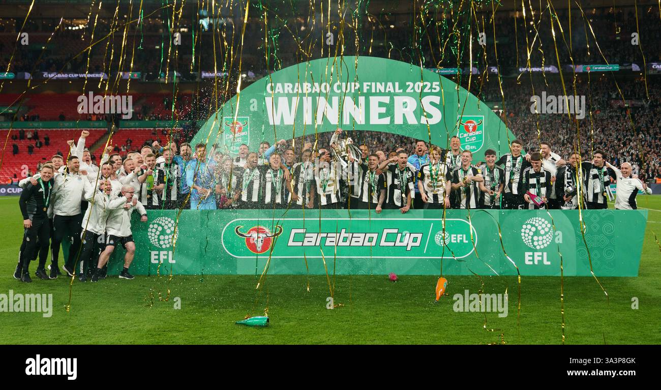 The Newcastle United players lifting the Carabao Cup after the Liverpool FC v Newcastle United ...