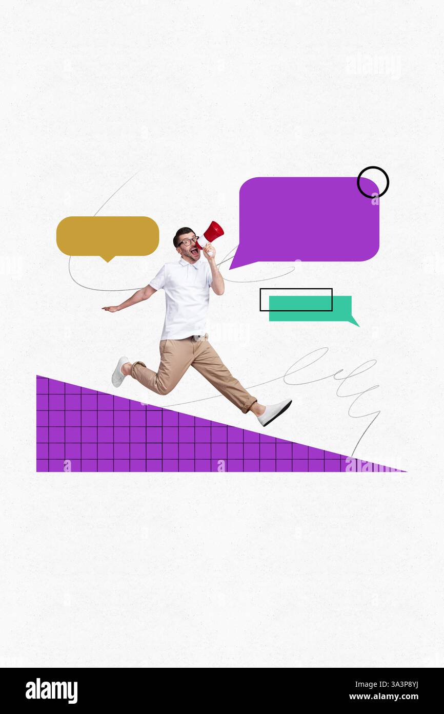 Exclusive image vertical photo collage of happy man scream megaphone ...