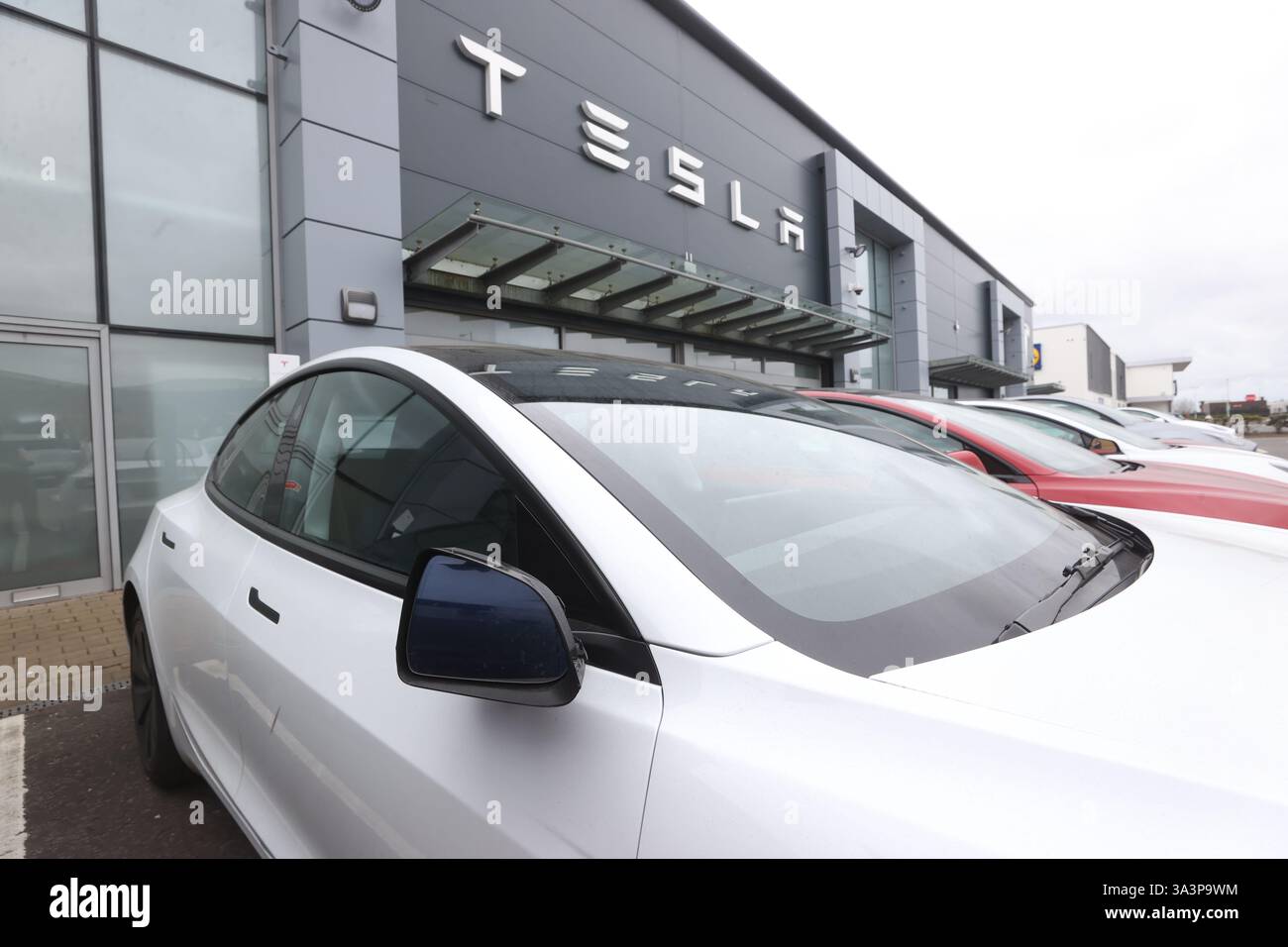 Cars on the forecourt of the Tesla dealership on the Boucher Road in ...