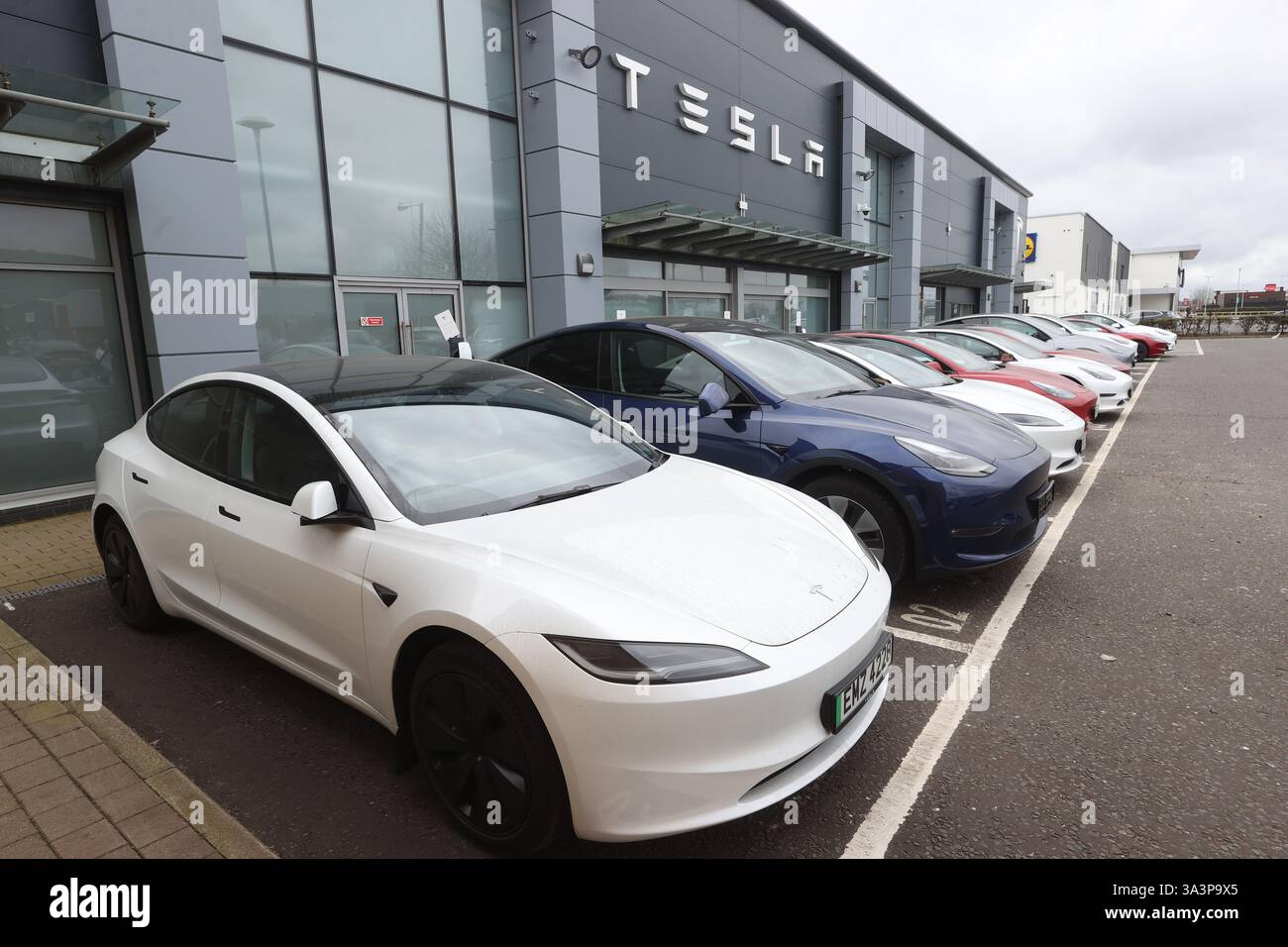 Cars on the forecourt of the Tesla dealership on the Boucher Road in ...