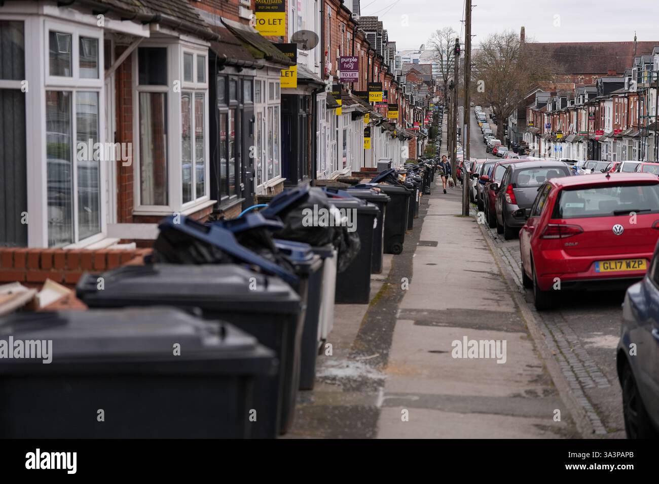 Rows of overflowing bins in the Selly Oak area of Birmingham, amid an ...
