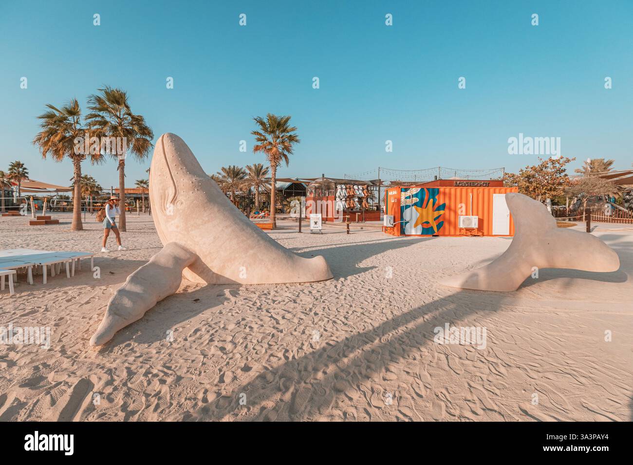 22 January 2025, Abu Dhabi, UAE: Whale sculpture made of sand are ...