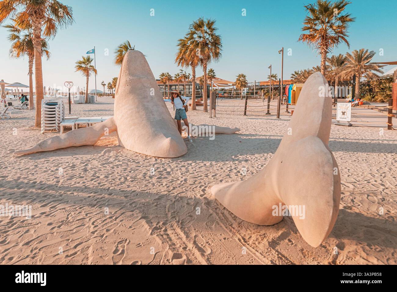 22 January 2025, Abu Dhabi, UAE: Whale sculpture made of sand are ...