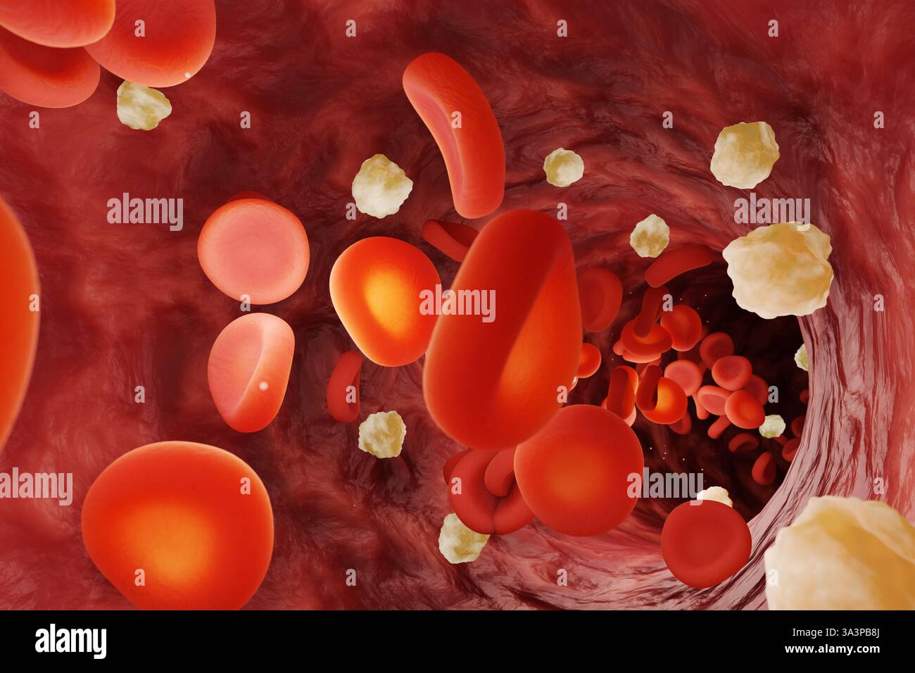 Red blood cells and glucose particles and impurities flowing in an ...