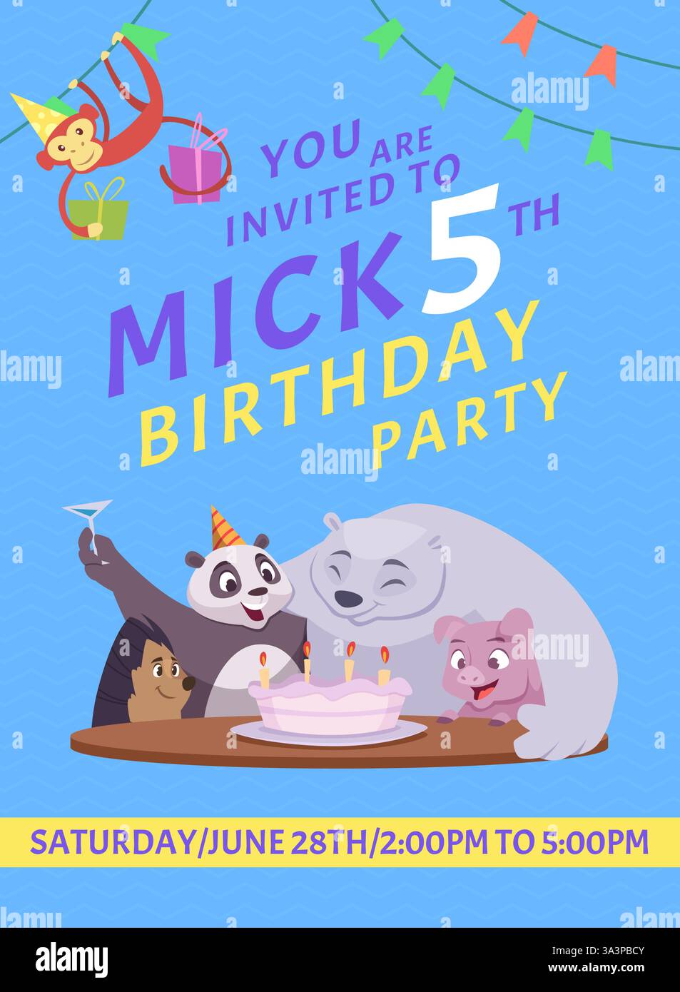 Birthday invitations. kids party placard with cartoon animals and place ...