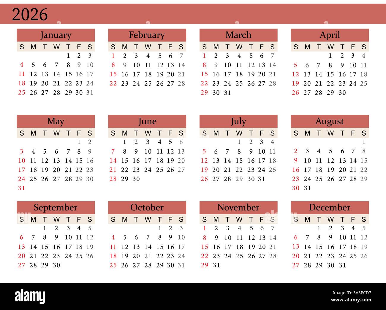 2026 Yearly Calendar Vector in Red, Sunday Start, Clean Design, Printable Template Stock Vector ...