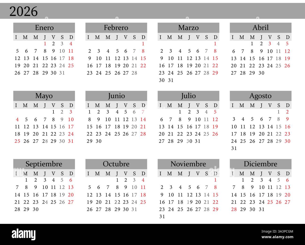 2026 Yearly Calendar Vector in Spanish, Monday Start, Clean Design ...