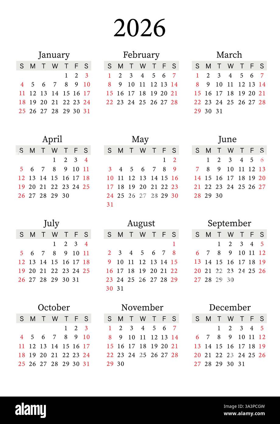 2026 Yearly Calendar Vector Vertical, Sunday Start, Clean Design, Printable Template Stock ...