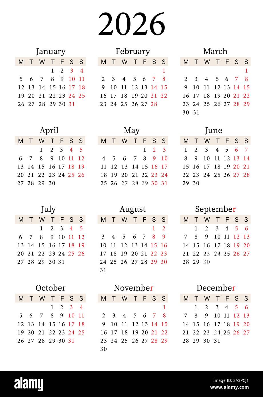 2026 Yearly Calendar Vector Vertical, Monday Start, Clean Design, Printable Template Stock ...