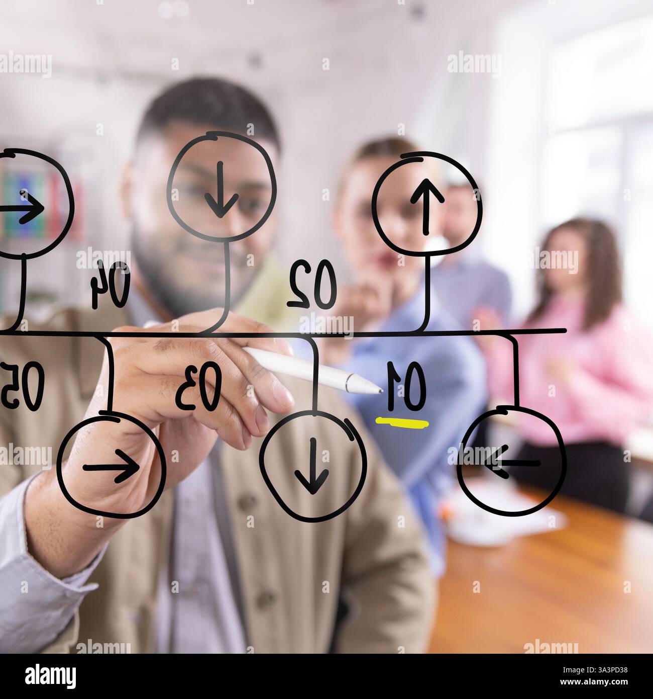 Businessman leading brainstorming session with interactive diagram. Visualizing success roadmap ...