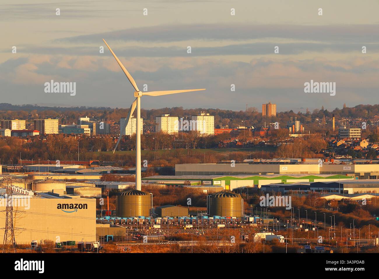 A view towards Cross Green of Amazon Warehouse, Wind Turbine and ...