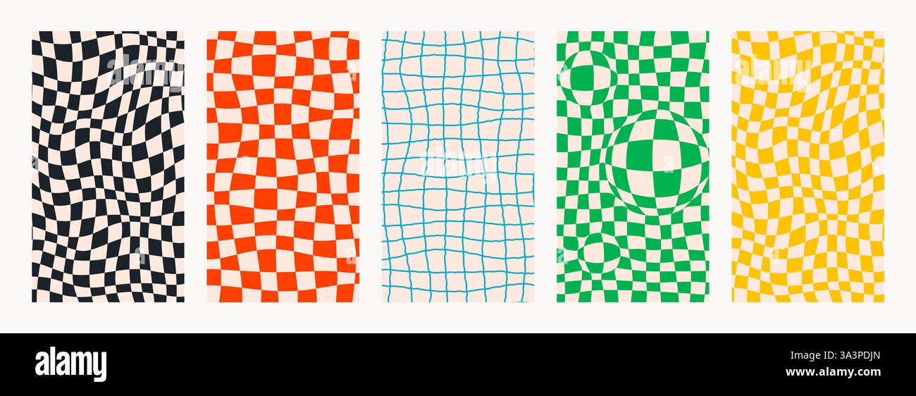 Abstract Groovy checkerboard backgrounds. Set of psychedelic retro patterns in retro colors ...