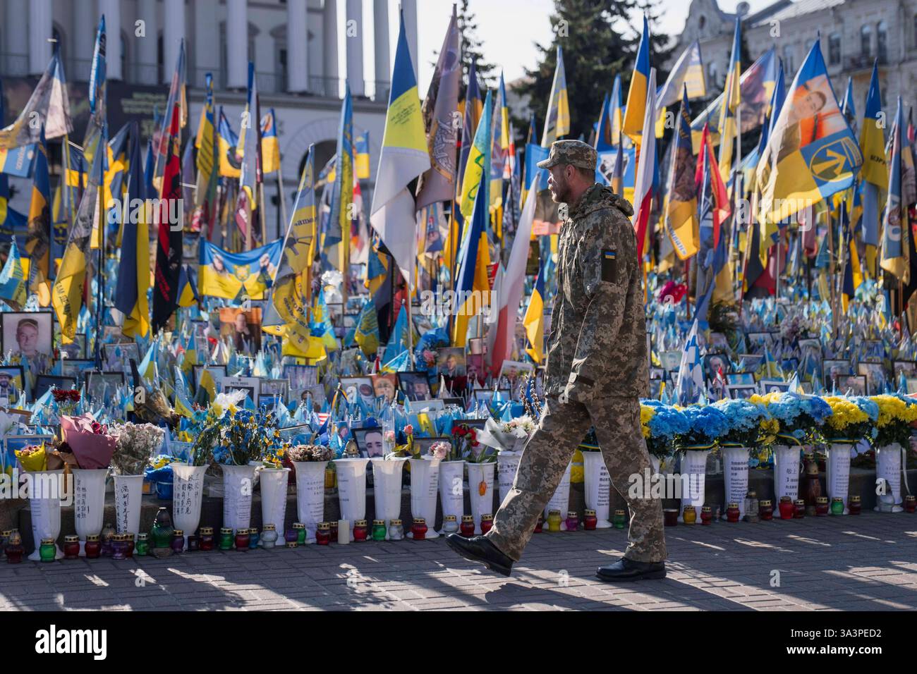 Soldier walking past flags at Independence Square Maidan Nezalezhnosti ...