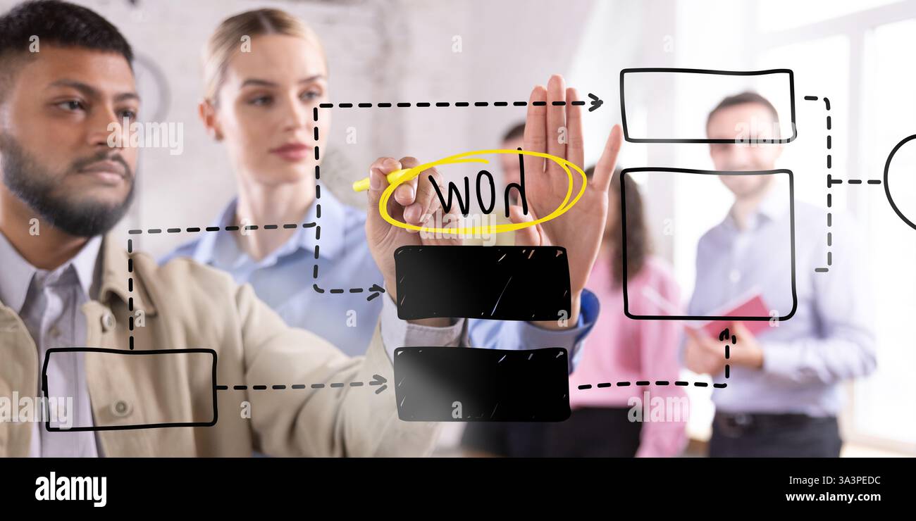 Diverse business team brainstorming workflow process, young woman ...