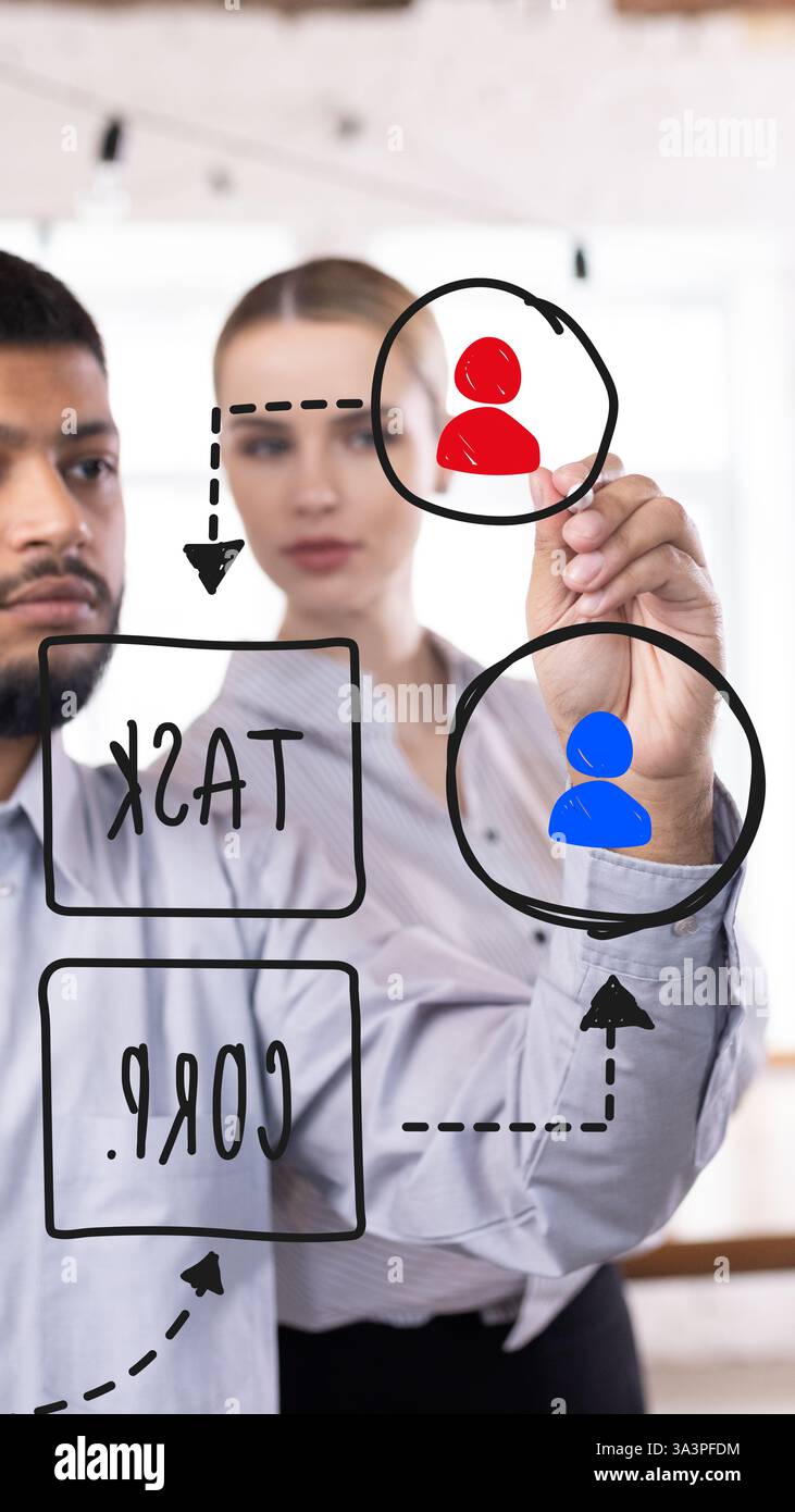 Business professionals mapping out team responsibilities, highlighting ...