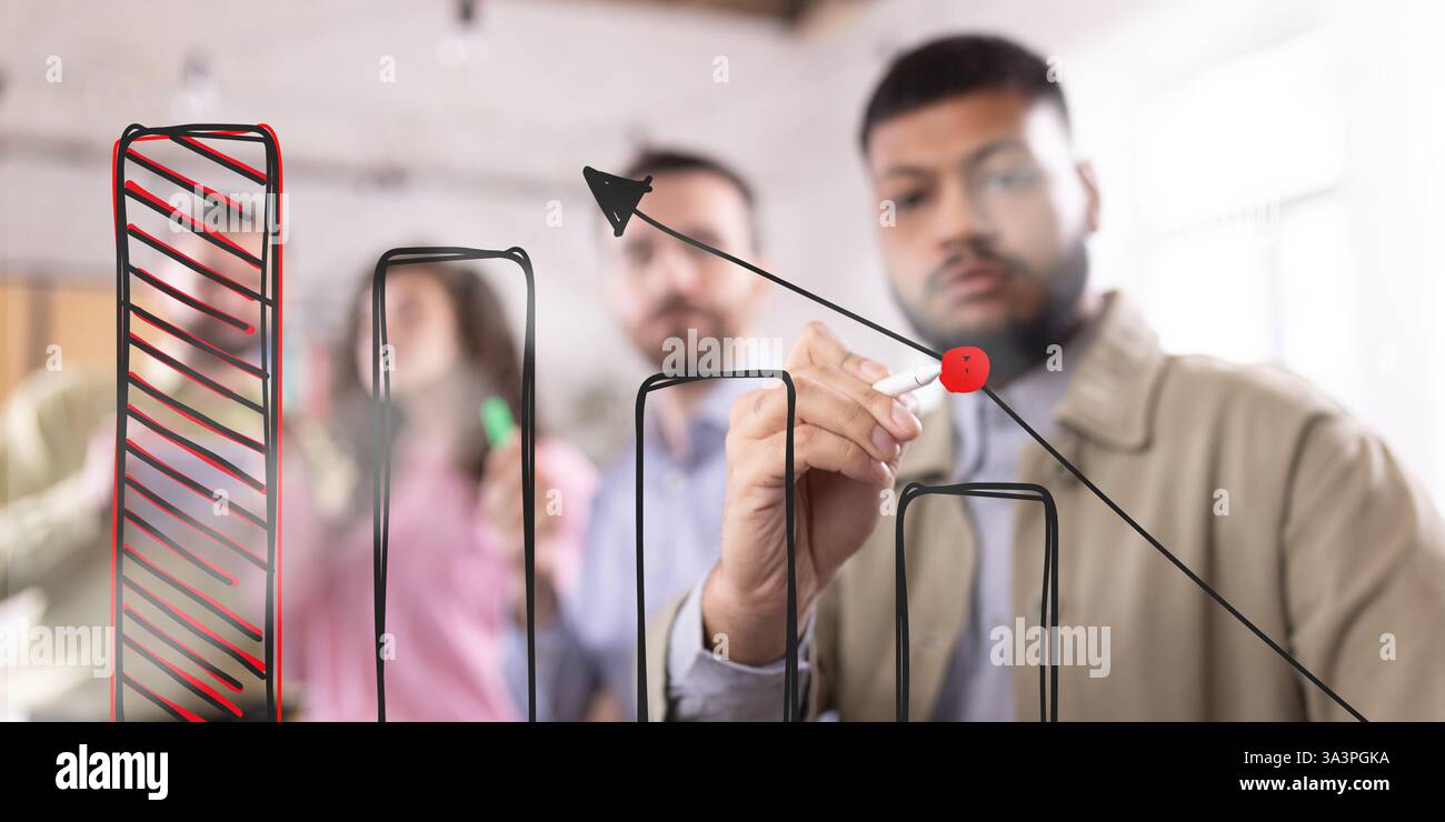 Businessman presenting financial growth projection, drawing rising bar ...