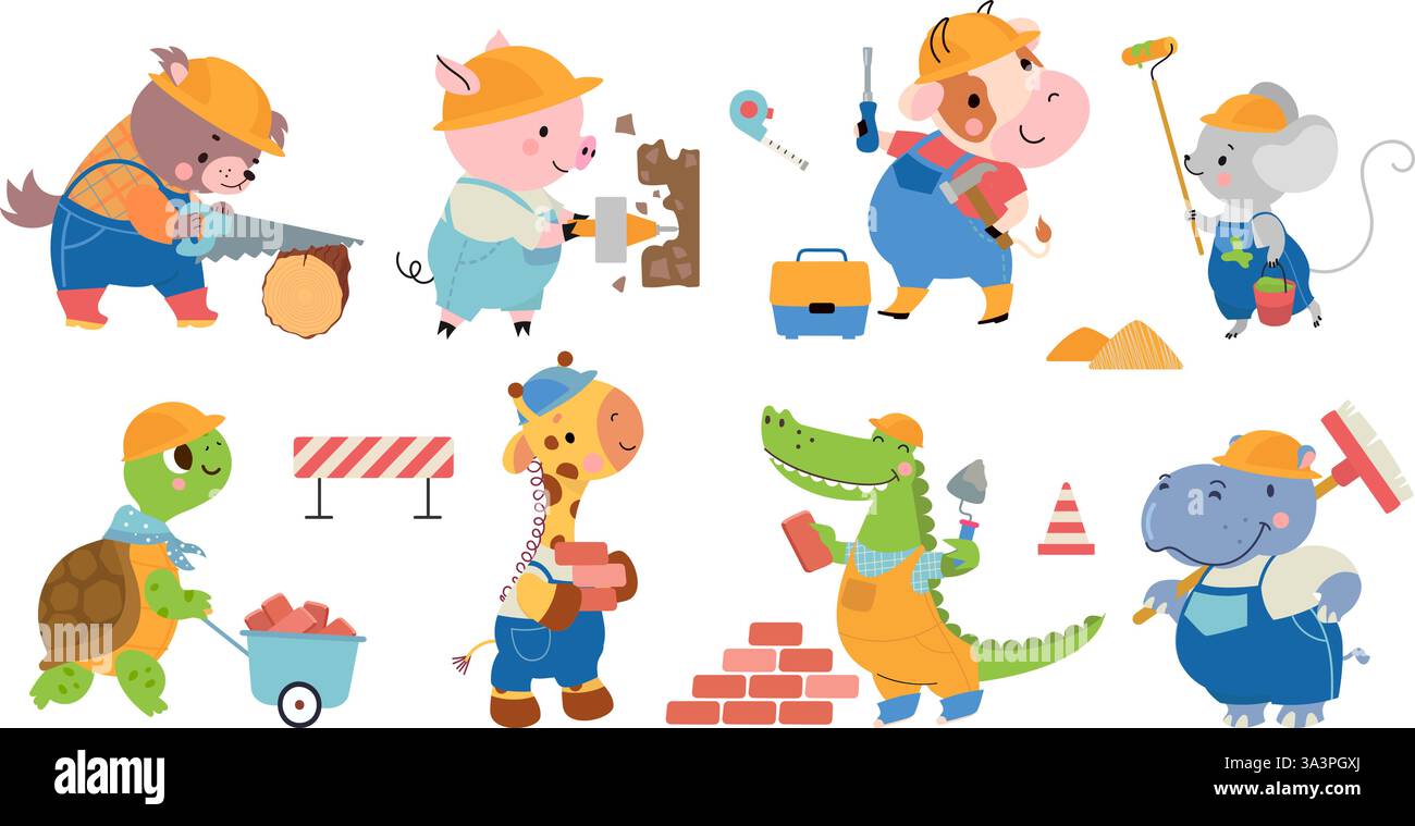 Cartoon animal builders. Cute animals working in construction and wear ...