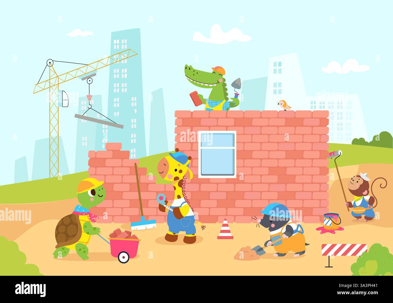 Animals builders working. Animal in helmet on construction ground ...