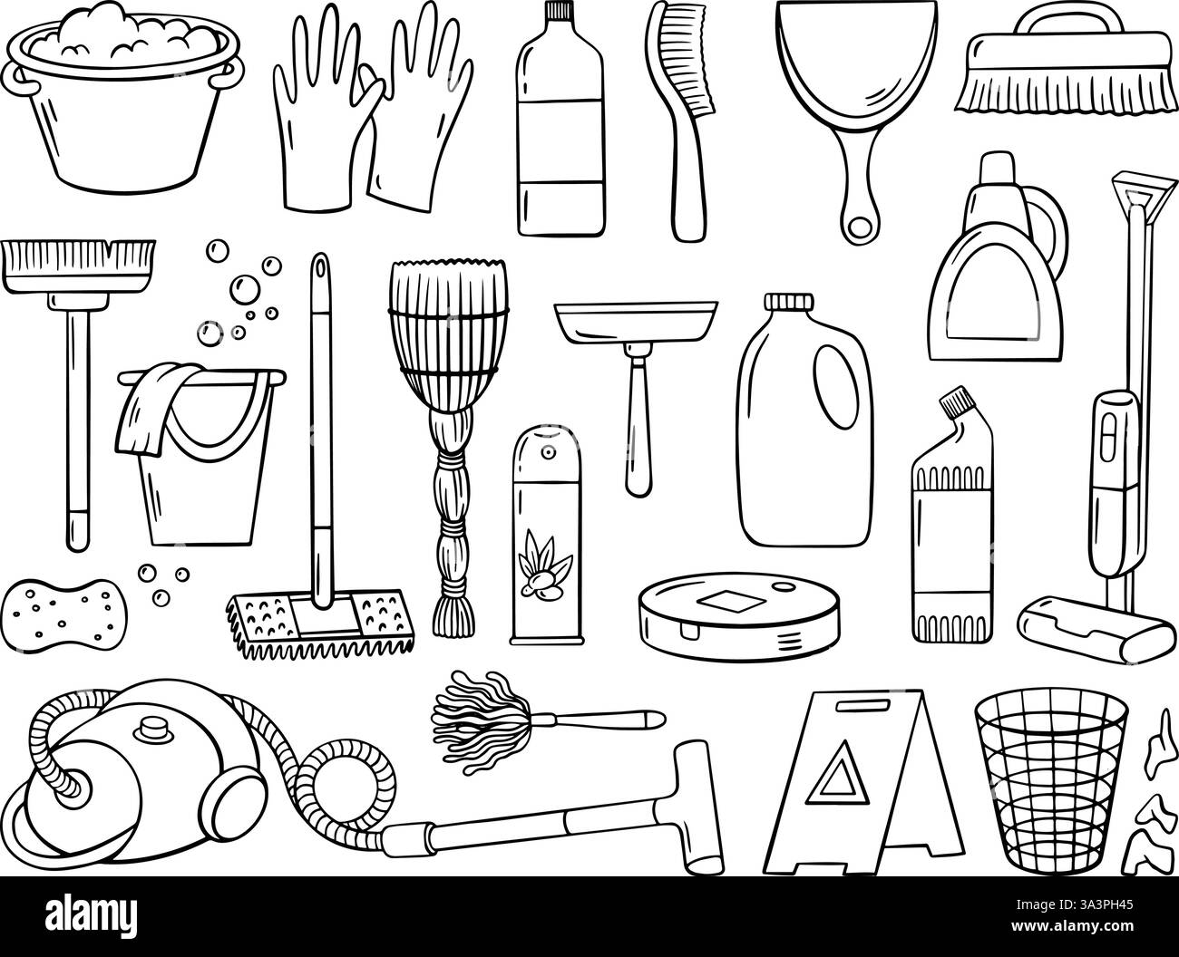 Doodle cleaning elements. Detergent bottles, brooms, bucket with napkin ...