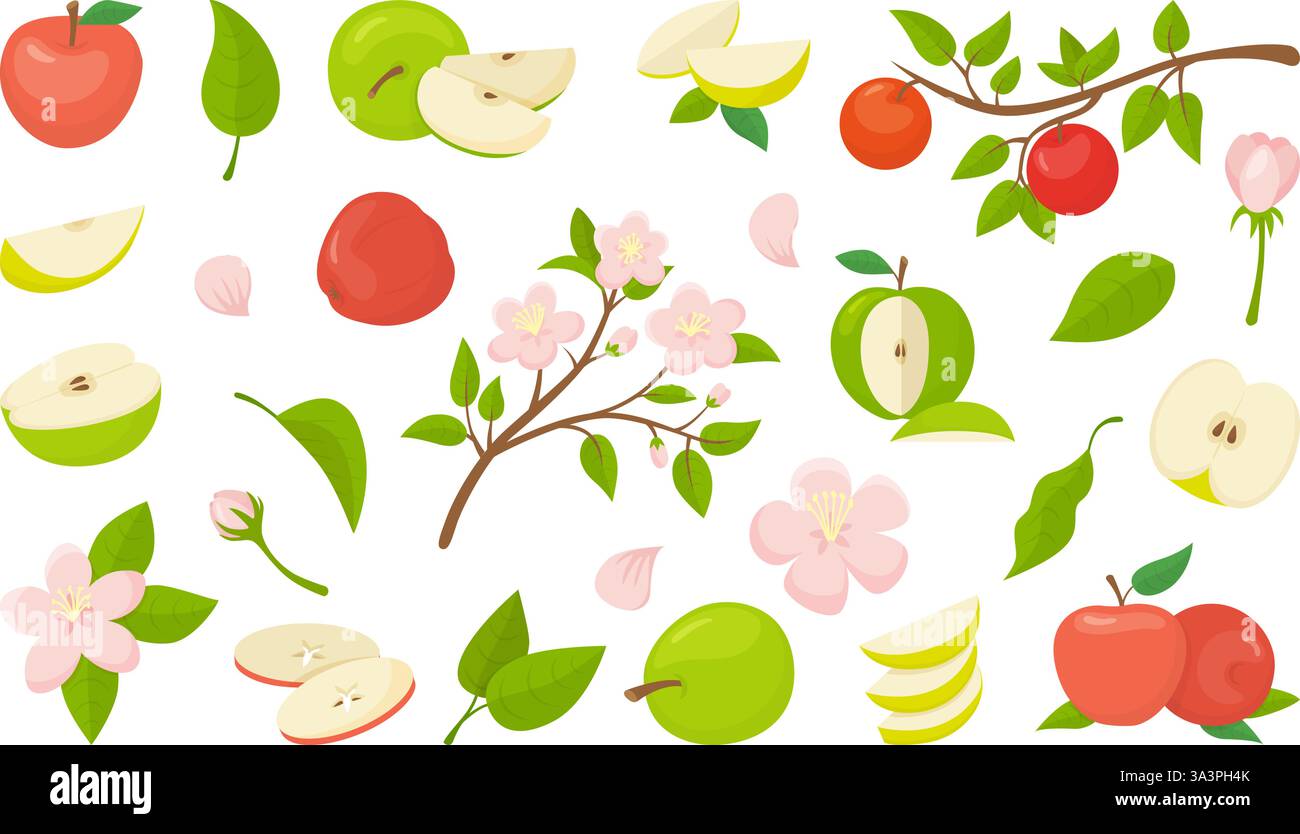 Apple branches. Garden elements, apples fruits, pink flowers and ...