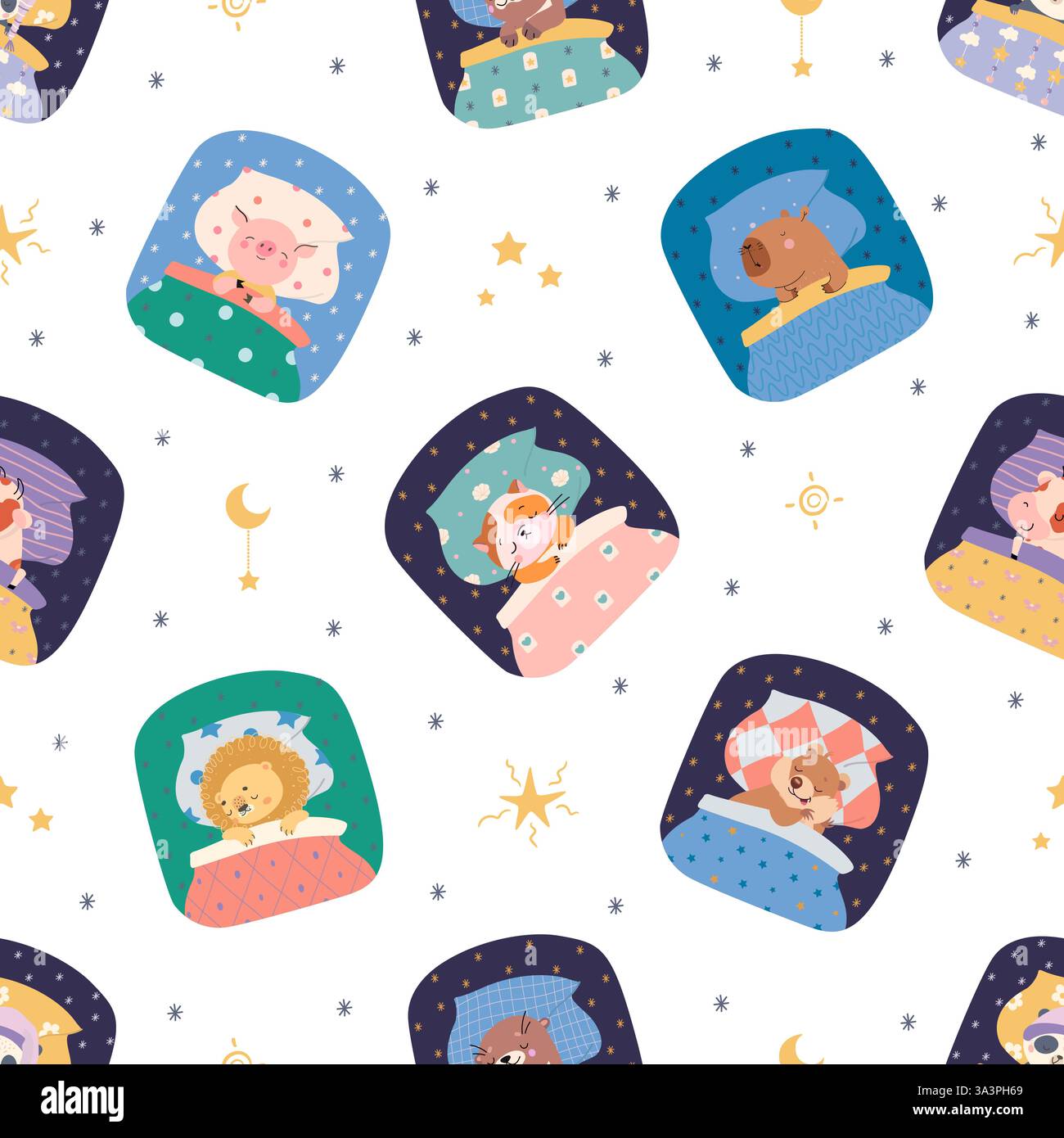 Cute animals in bed seamless pattern. Sleeping cat panda lion pig ...