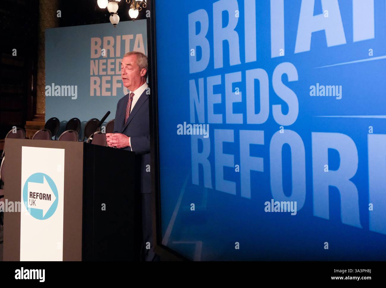 London, UK. 17th Mar 2025. Reform Party UK press conference. Nigel ...