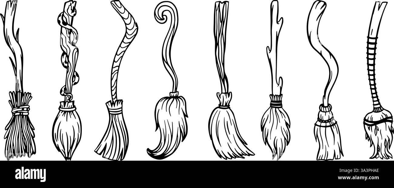 Doodle witch brooms. Magic flying broom for witches and wizards ...