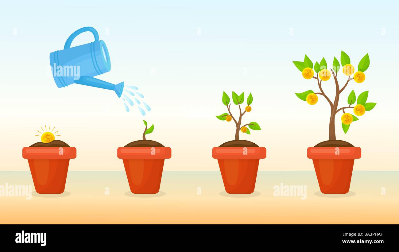 Money tree watering. Gold coin planting in pot of soil, coins bush ...