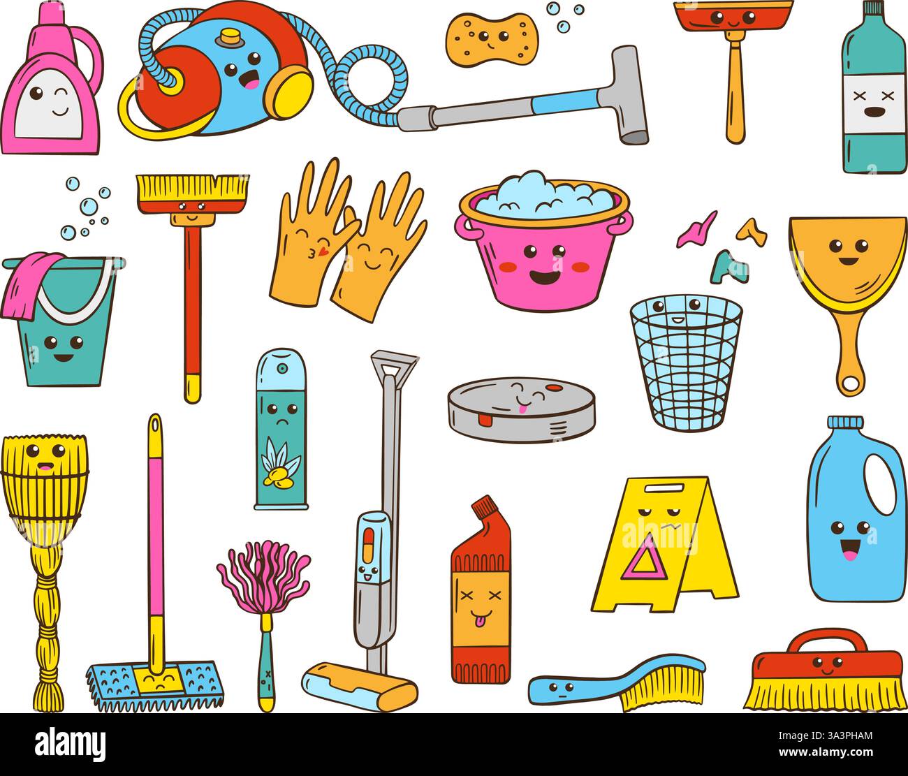 Cute clean products. Funny cleaning accessories different emotions ...