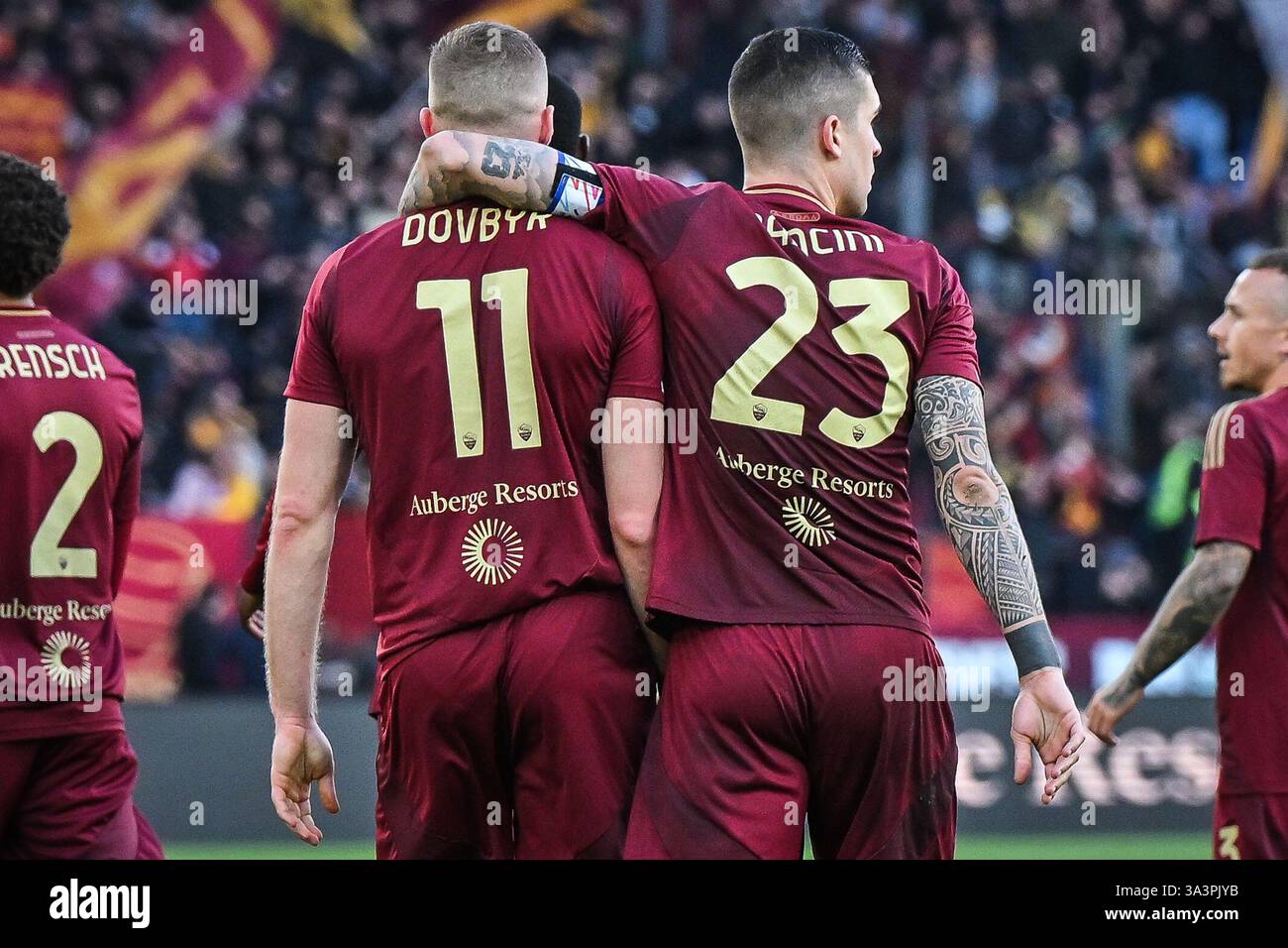 Artem DOVBYK of AS Roma celebrate his goal with Gianluca MANCINI of AS ...