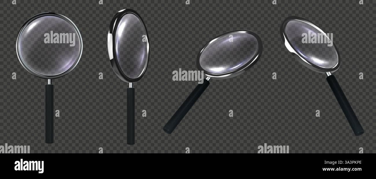 Realistic 3D magnifiers. Search magnifying glass with black handle ...