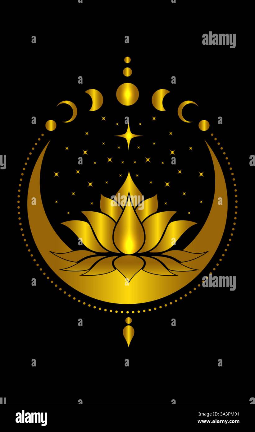 Mystical Crescent Moon and Sacred Lotus flower with Stars Moon Phases ...