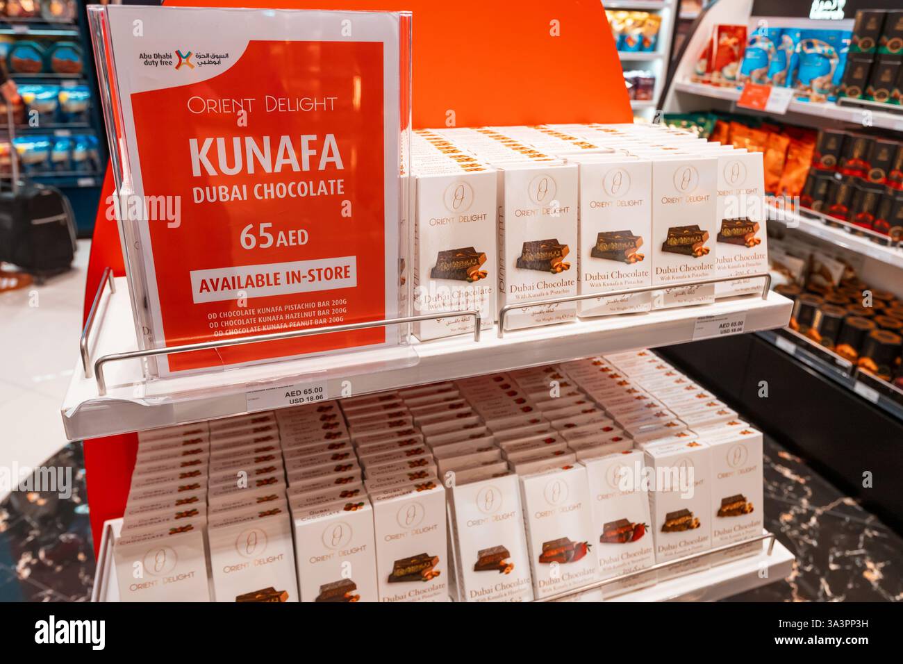 23 January 2025, Abu Dhabi, UAE: Packages of Kunafa Dubai chocolate ...