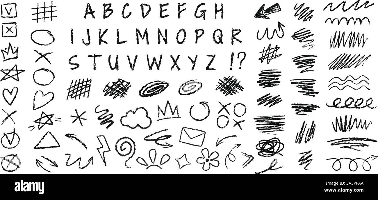 Charcoal doodles. Crayon font, scribble squiggles, sketch check marks ...