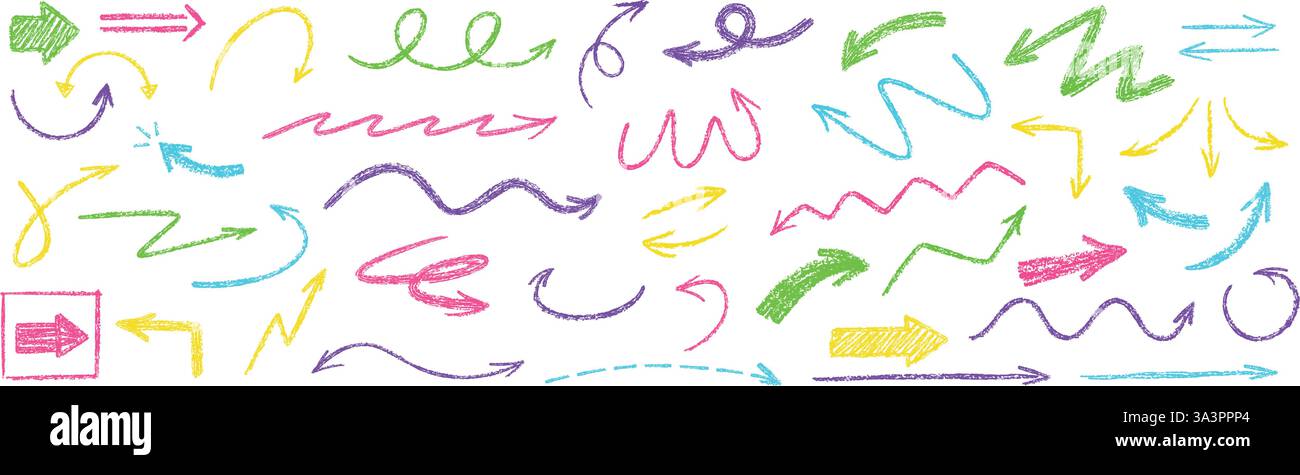 Crayon doodle arrows. Chalk textured pointer, hand drawn squiggle ...