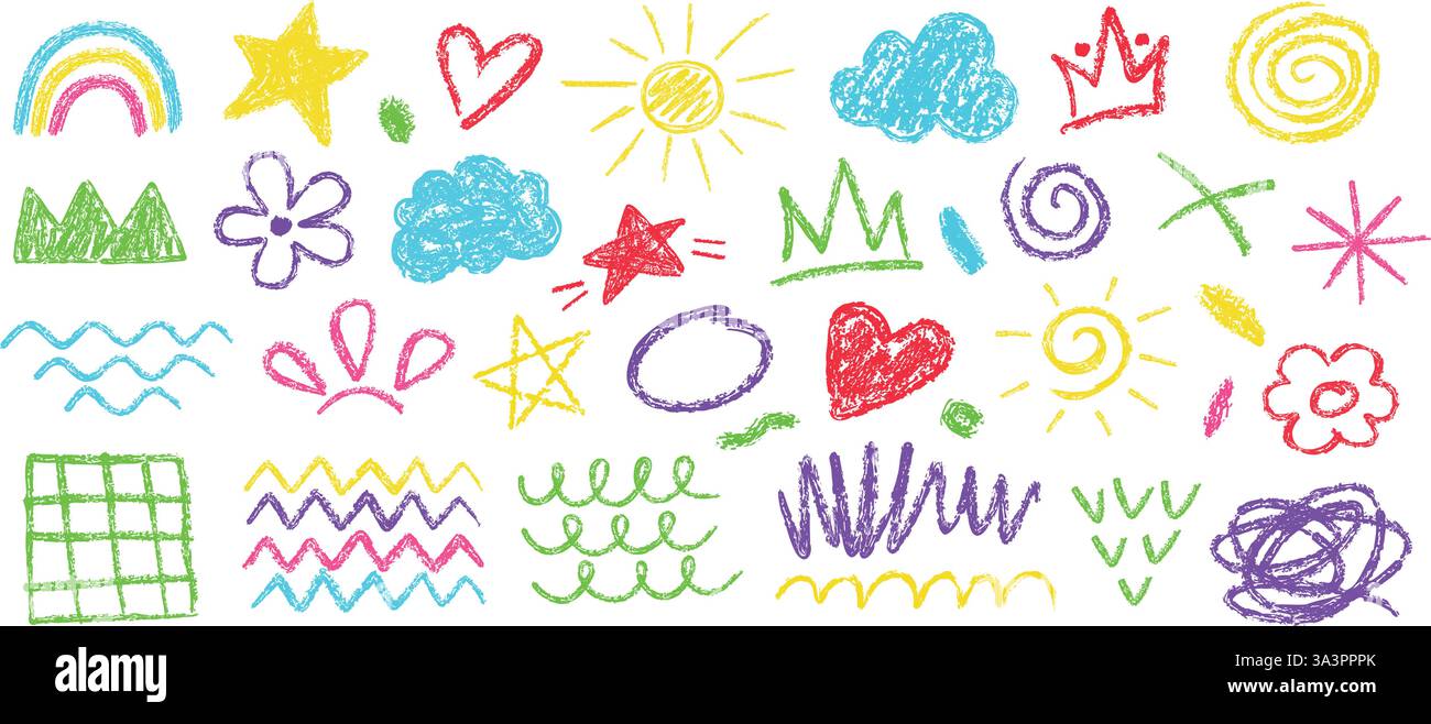 Kids crayon drawings. Hand drawn scrawls, chalk sun doodle, rainbow ...