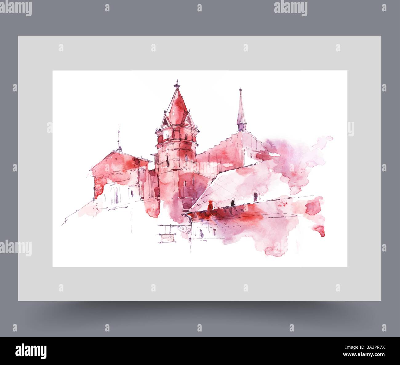 Red medieval castle in style of ancient architecture with high towers ...