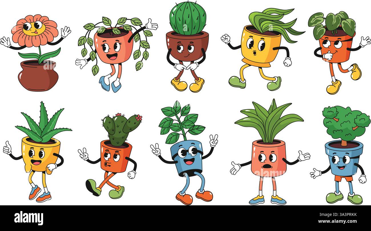 Retro cartoon potted plant characters. Groovy houseplant mascots ...