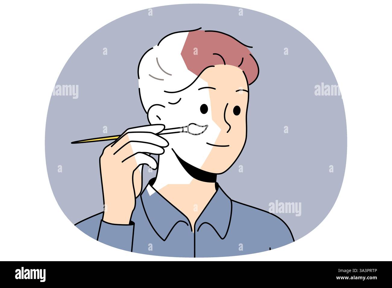 Self-sufficient man artist paints own face and hair with brush ...