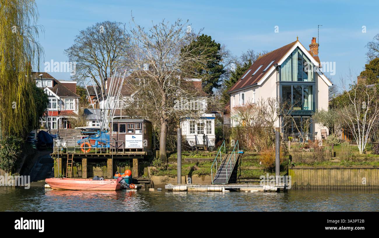 Riverside properties and Tiwckenham Yacht Club house, River Thames ...
