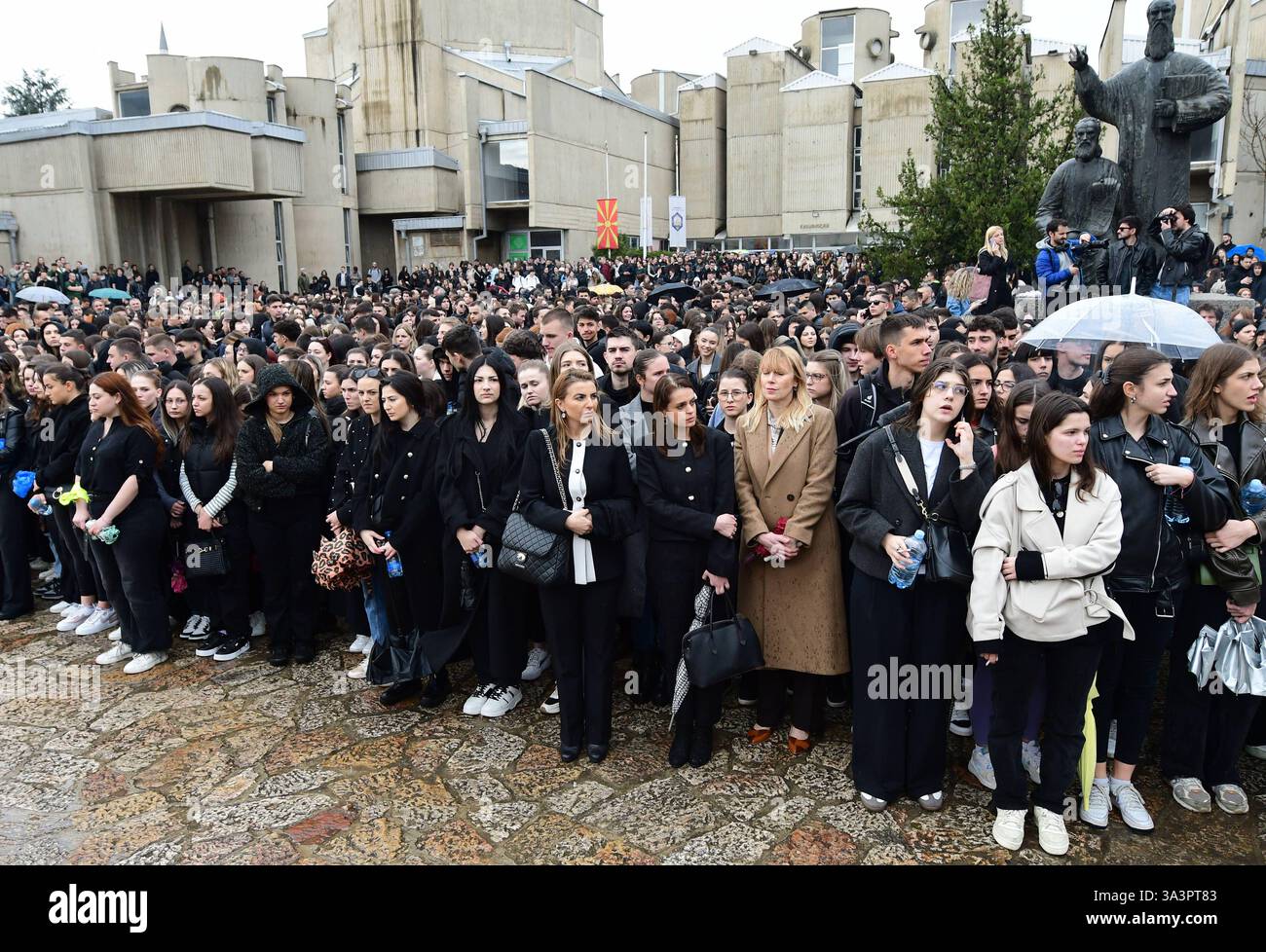 Students gather at the university St Cyril and Methodius in Skopje to pay respect to the victims ...