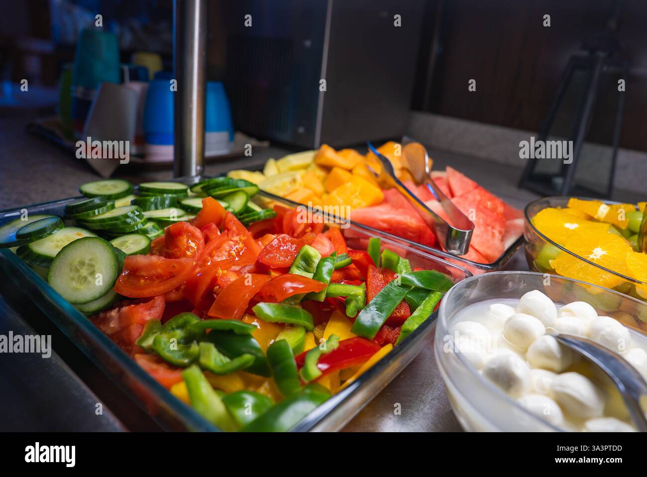 Indoor Buffet with Fresh Vegetables, Fruits, and Mozzarella Balls Stock ...