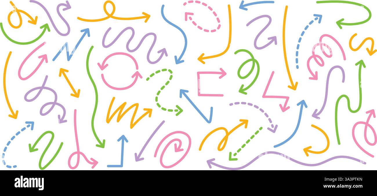 Doodle colorful line arrows. Hand drawn linear and dashed arrow pointers of squiggly, curved ...