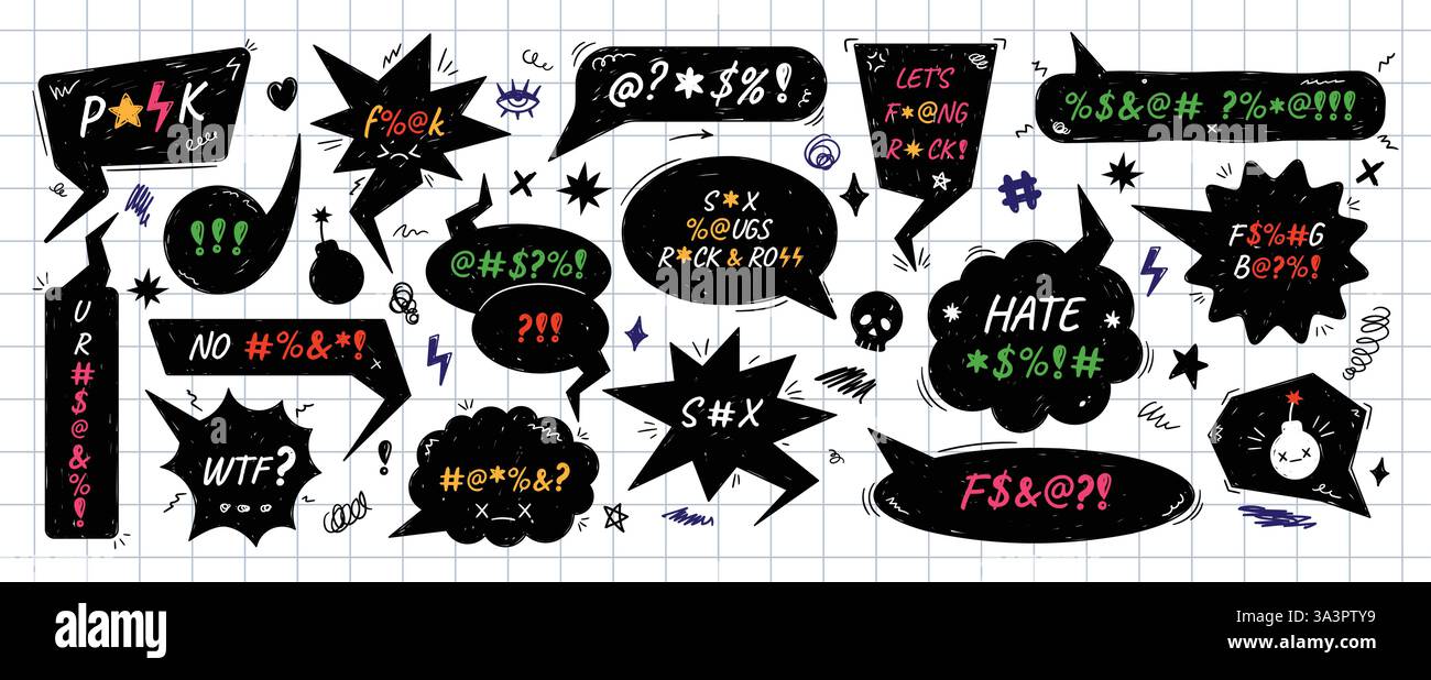 Punk rock speech bubble frames. Grawlix censored swearwords text ...