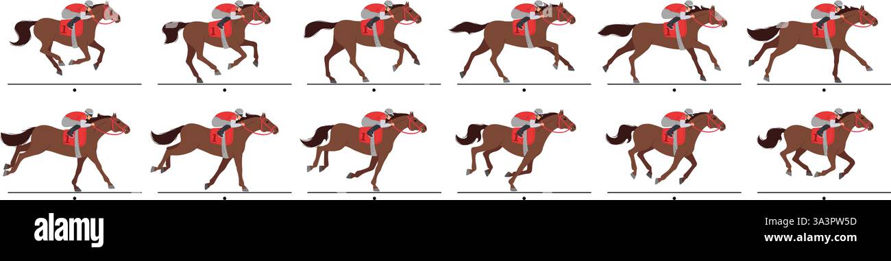 Horse racing animation frames. Running racehorse with jockey animated ...